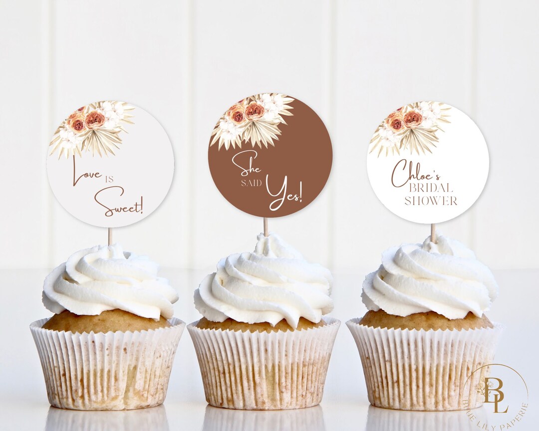Boho Bridal Shower Cupcake Toppers, Pampas Grass Bridal Shower ...
