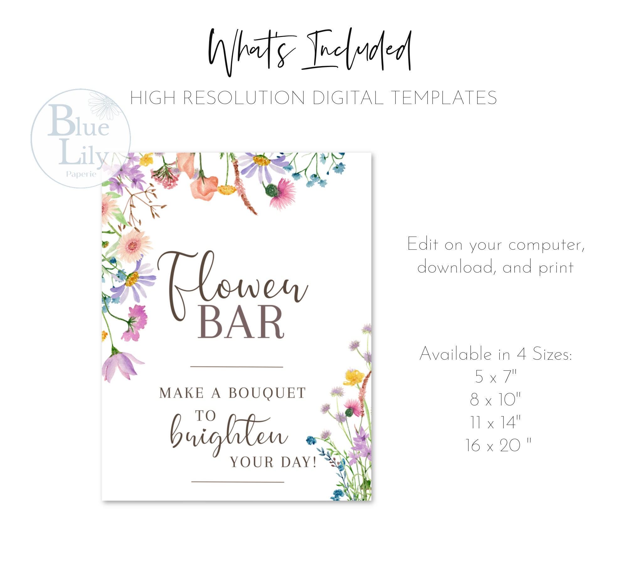 Wildflower Flower Bar Sign Template, Botanical Shower Flower Bar Sign ...