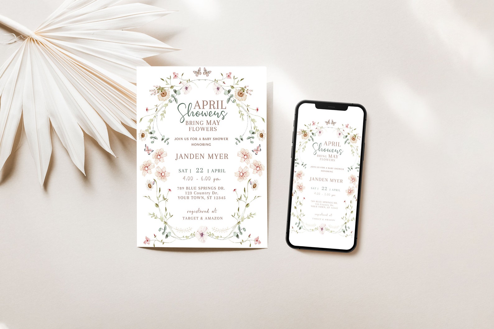 April Showers Baby Shower DIY Invitation, Neutral Pastel Wildflower ...