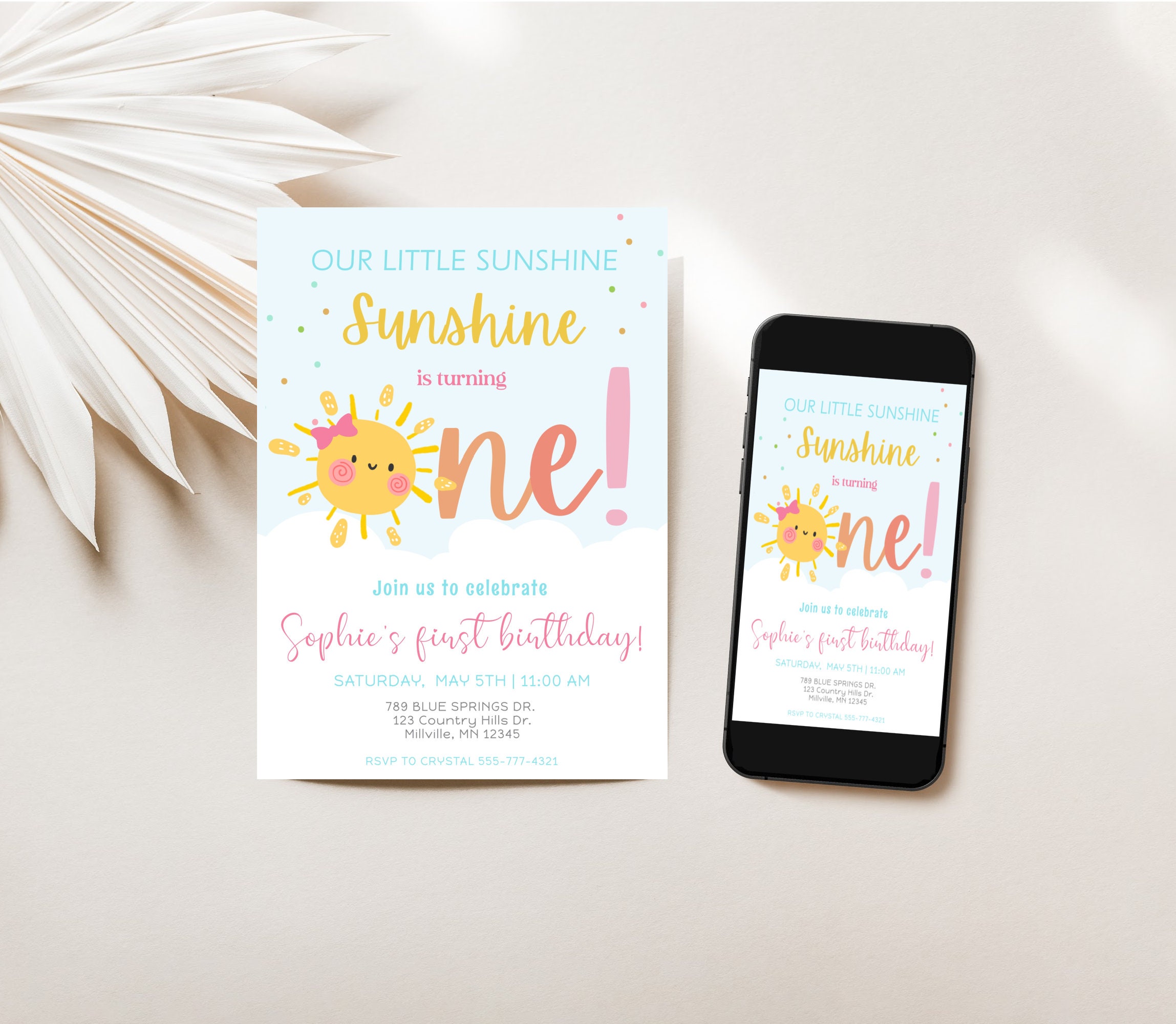 Sunshine Birthday Invitation | Cute Sunshine Rainbow Birthday Invite ...