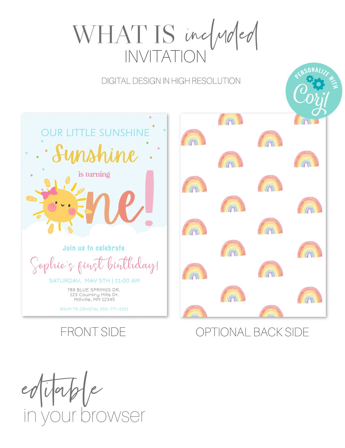 Sunshine Birthday Invitation | Cute Sunshine Rainbow Birthday Invite ...