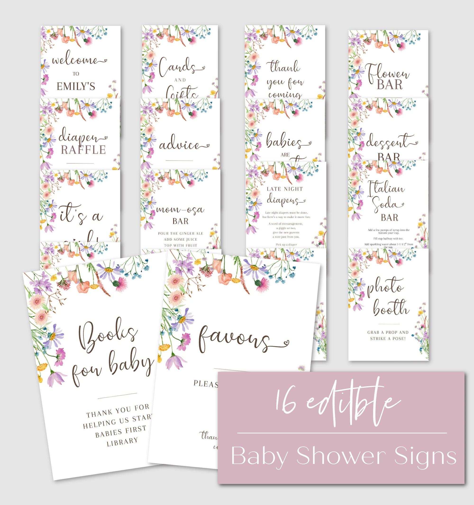 Wildflower Baby Shower Sign Bundle, Printable Baby Shower Sign ...