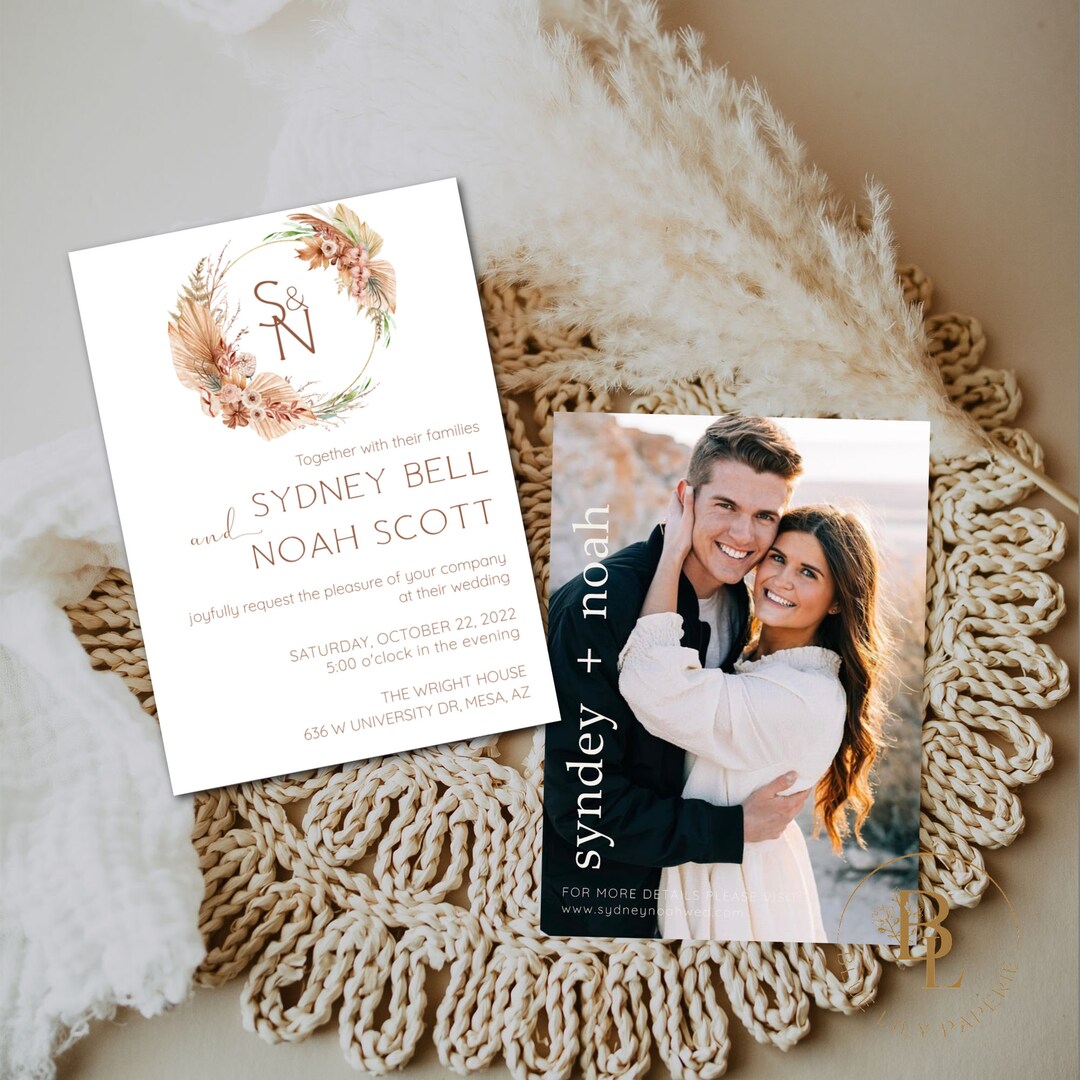 Elegant Boho Monogram Wedding Invitation Template, Boho Pampas Grass ...