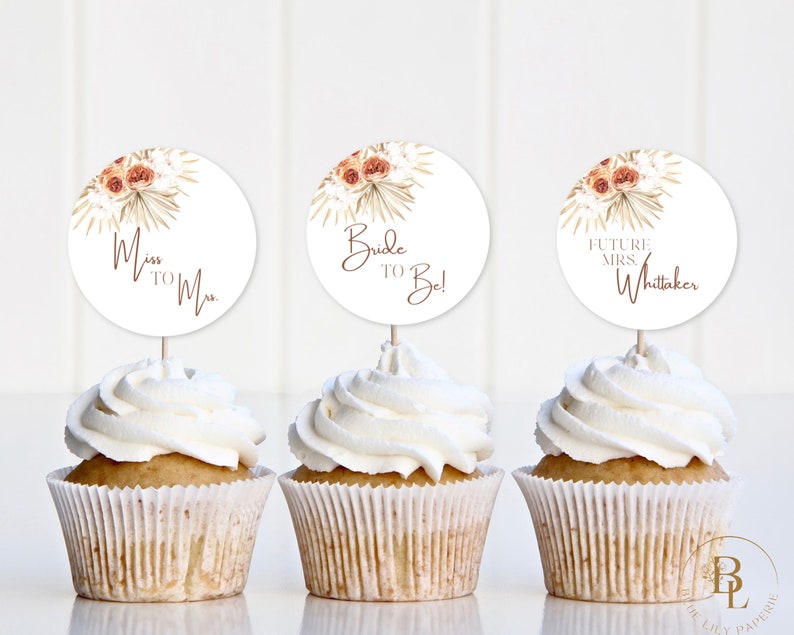 Boho Bridal Shower Cupcake Toppers, Pampas Grass Bridal Shower ...