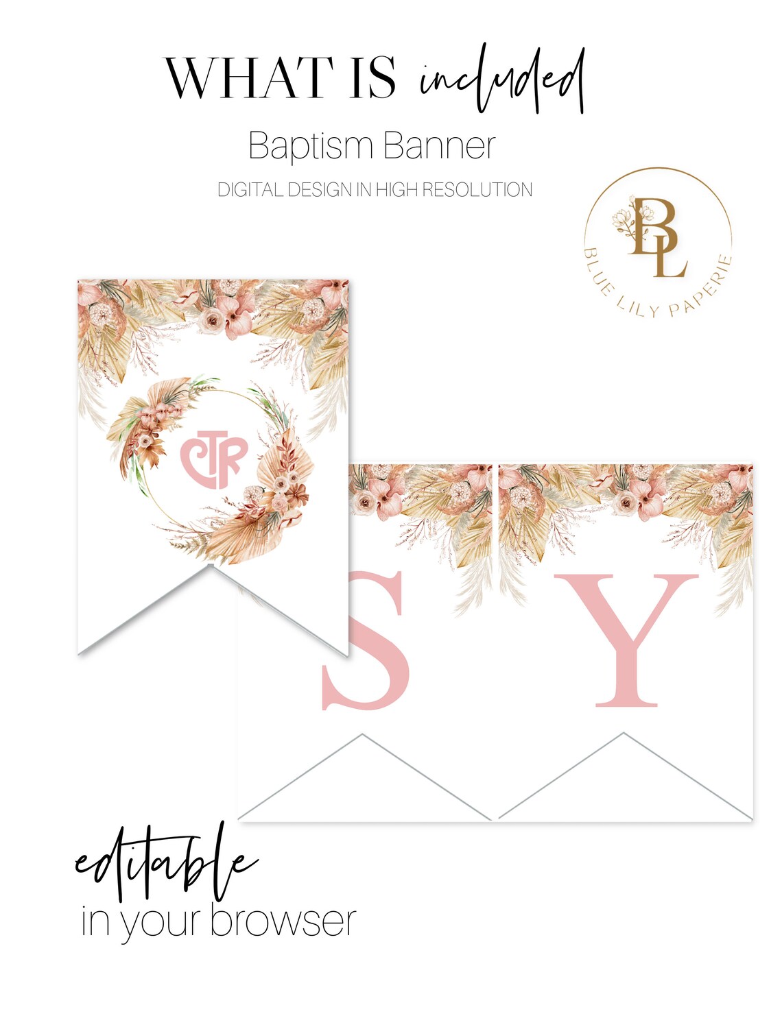LDS Baptism Banner, Boho Baptism Banner, CTR, Template, Boho Pampas ...