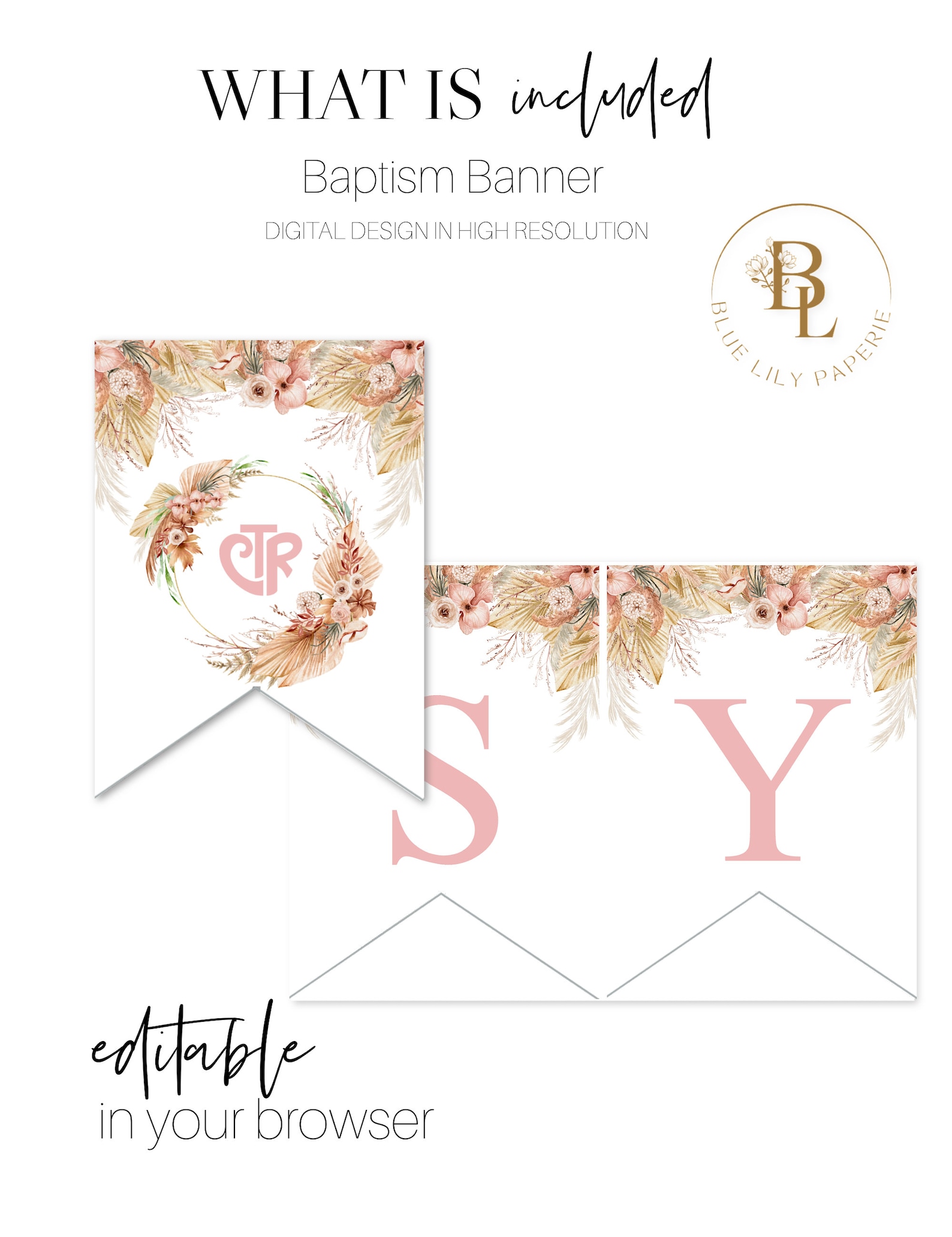 LDS Baptism Banner, Boho Baptism Banner, CTR, Template, Boho Pampas ...