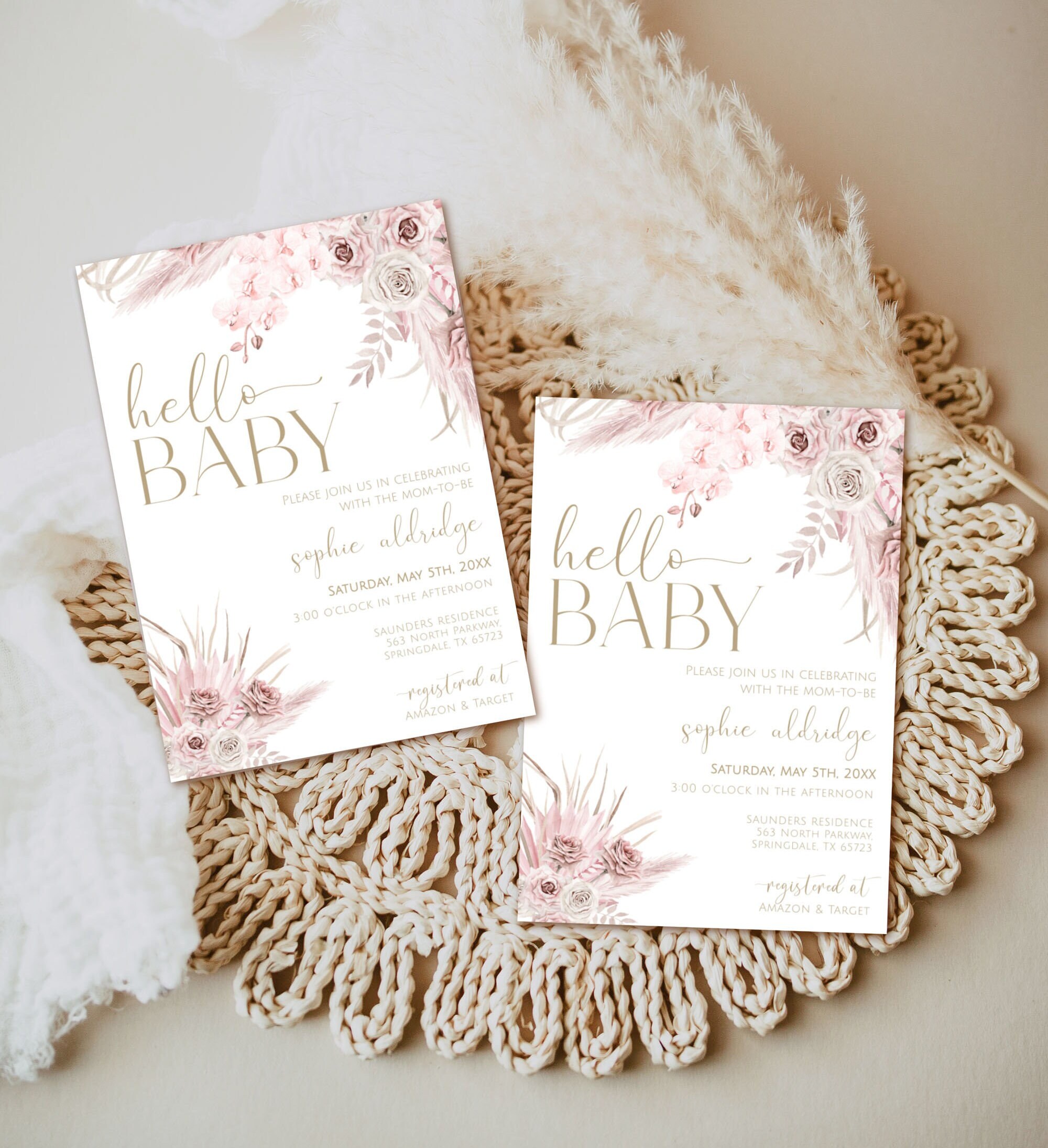 Pink Boho Floral Baby Shower Invitation, Girl Baby Shower Invite, Boho ...