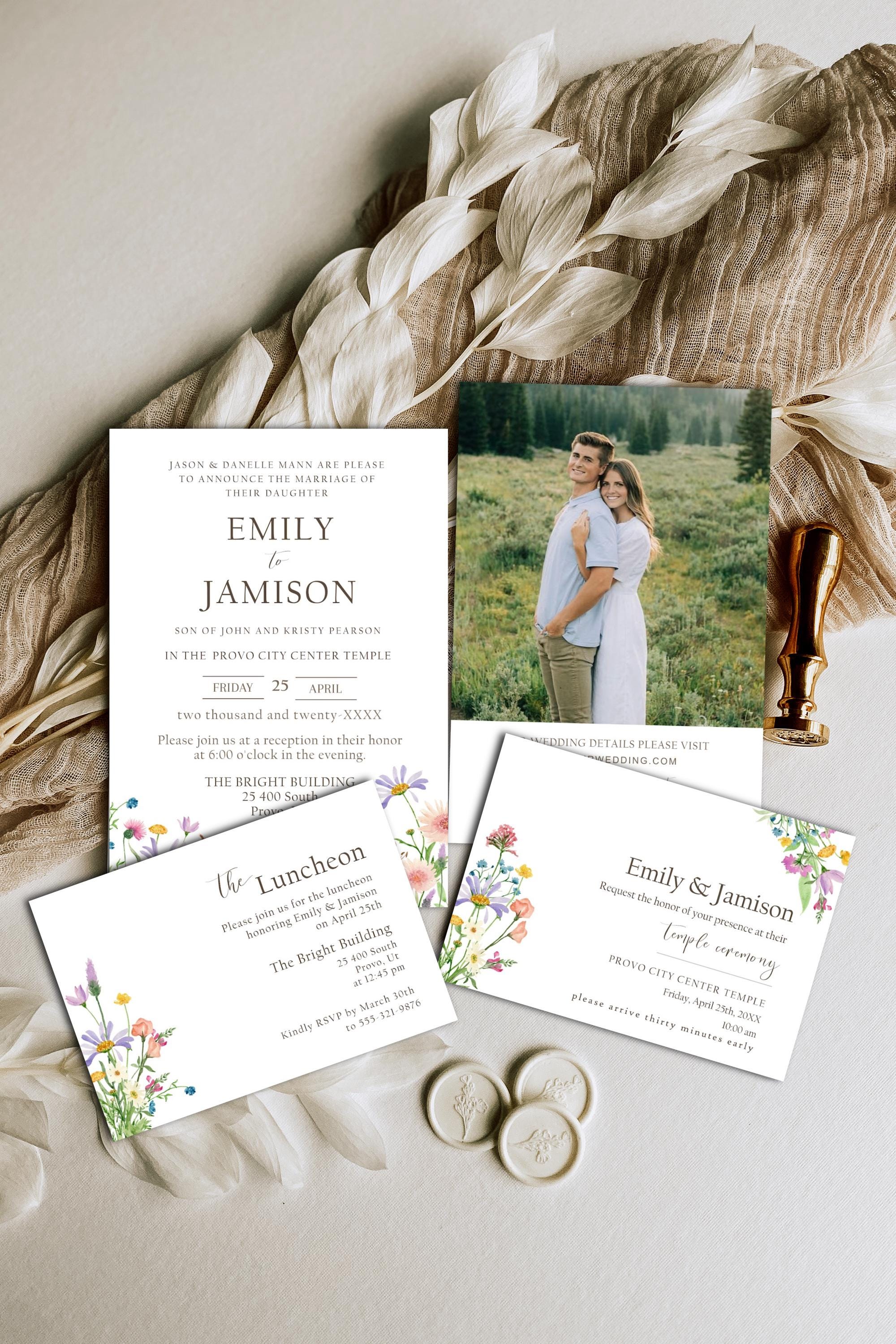 LDS Spring Wildflower Wedding Invitation Set Template, Pastel Flowers ...