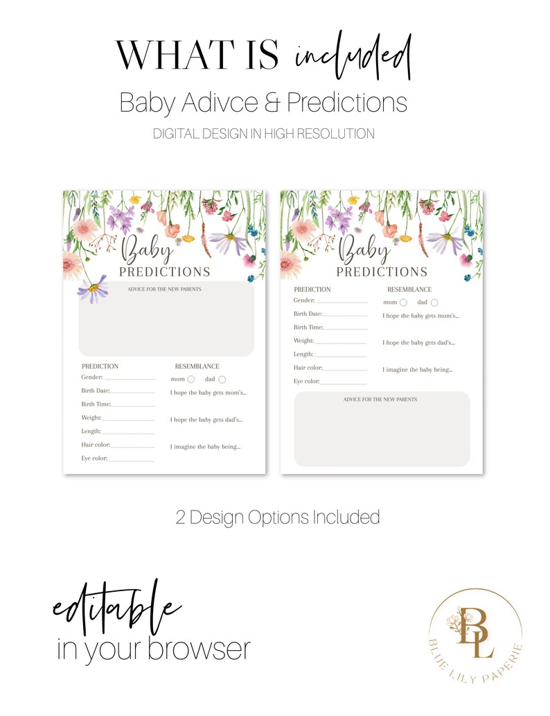 Wildflower Baby Shower Game, Baby Predictions & Advice, Editable Baby ...