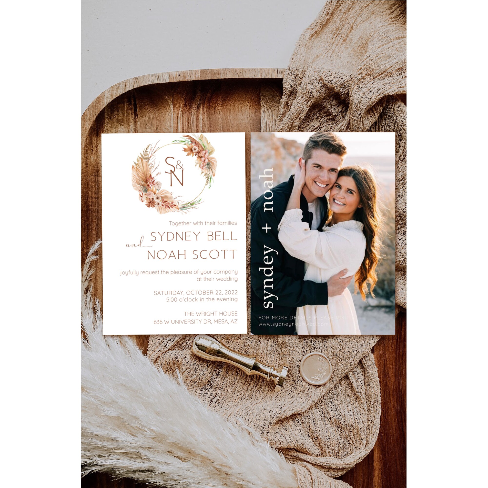 Elegant Boho Monogram Wedding Invitation Template, Boho Pampas Grass ...