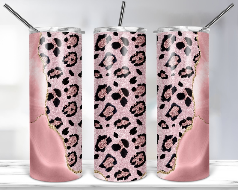 Pink Agate Leopard Print Glitter Tumbler Design 20oz Skinny - Etsy