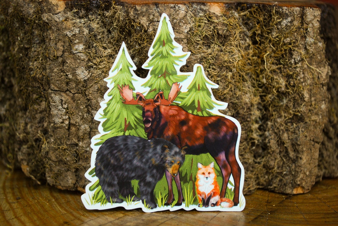 Forest Animals Sticker | Pine Trees | Bear, Moose, Fox | Waterproof ...