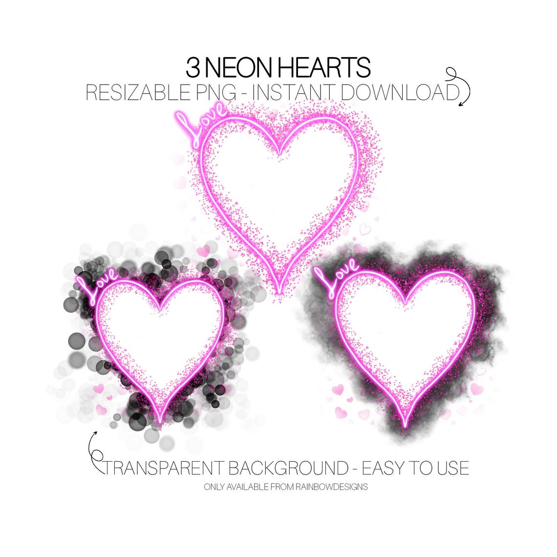 Neon Love Heart Bundle | Digital Valentines PNG | Instant Clipart ...
