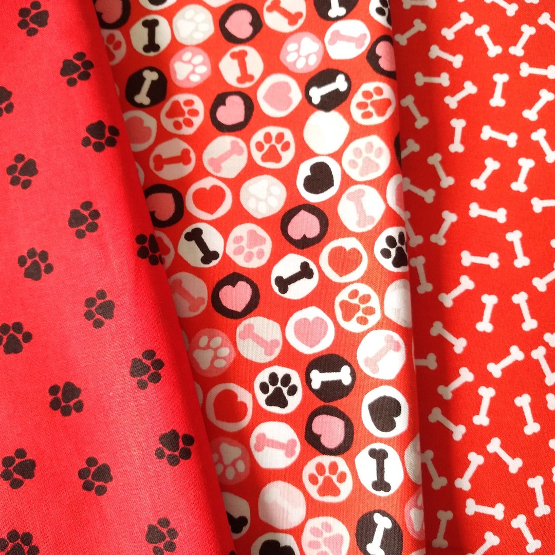 Red Pets Dogs Paws Bones Hearts Cotton Fabric by the Yard - Etsy
