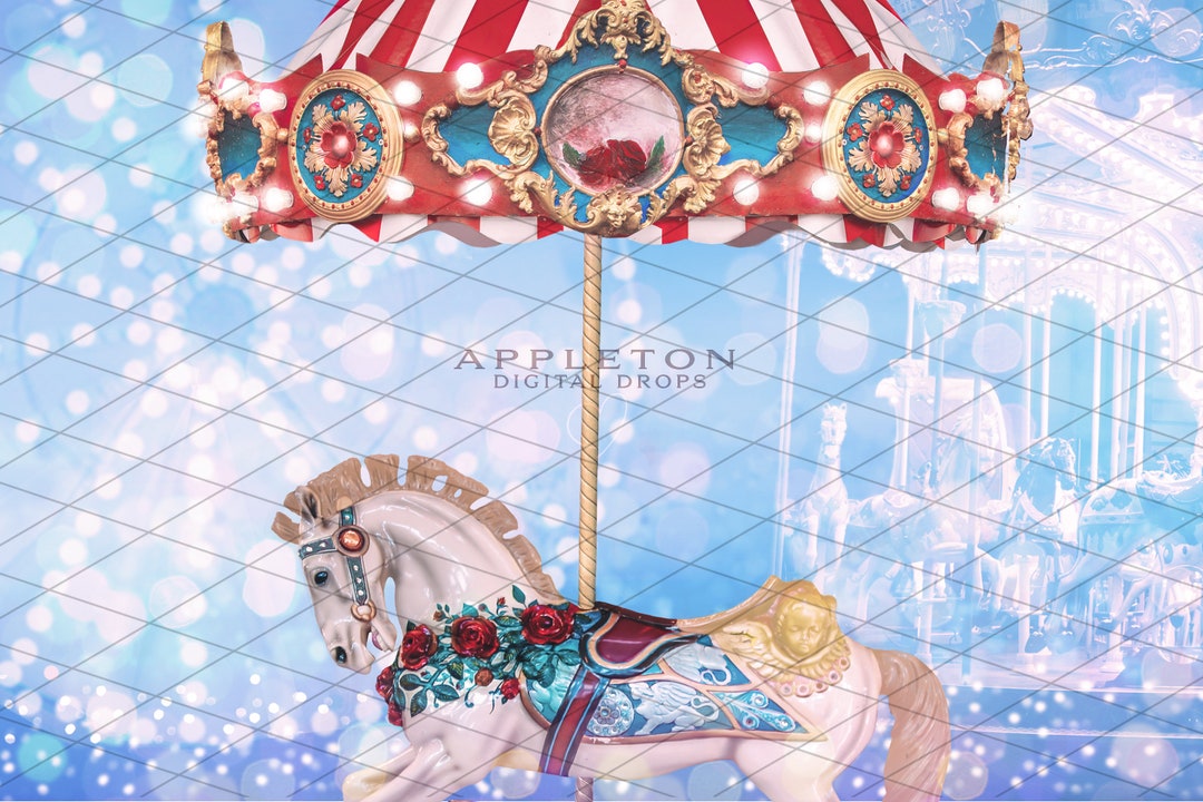 Magical Red and Blue Carousel Carnival Ride, Funfair Digital Background ...