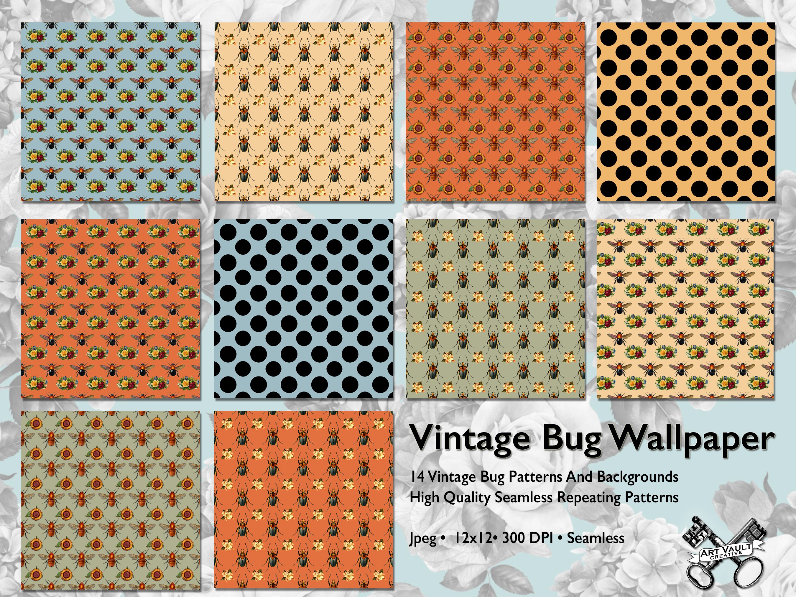 Scrapbook Paper Pack Vintage Insects, Bug Flower Stationary Digital ...