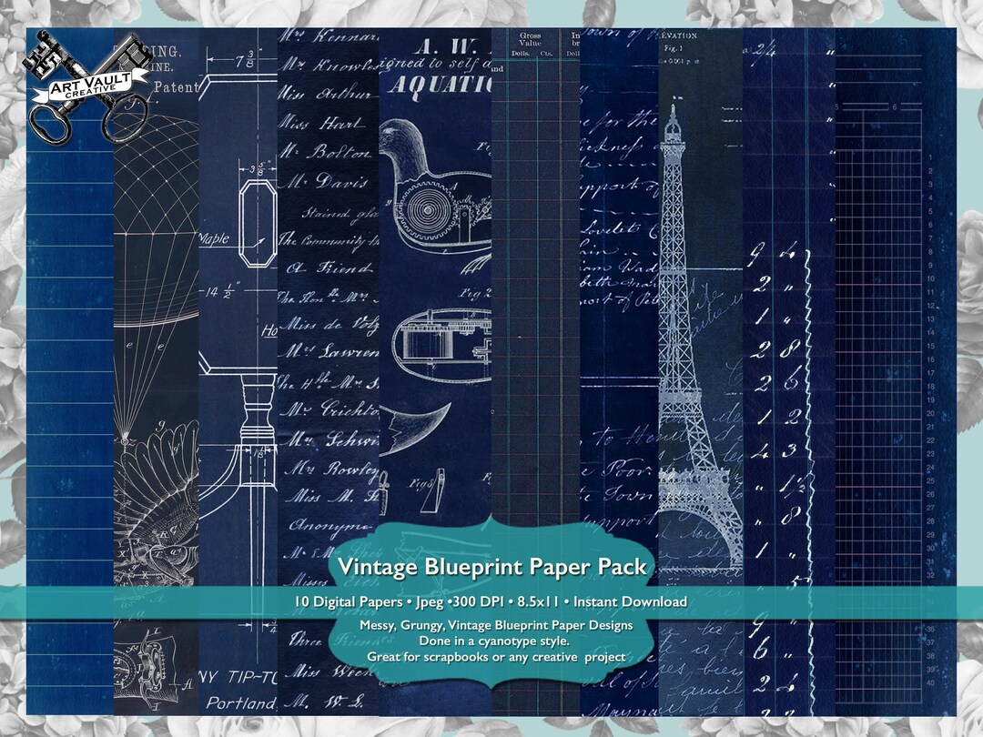 Blueprint Paper Pack, Vintage Printable Cyanotype Paper Pattern ...