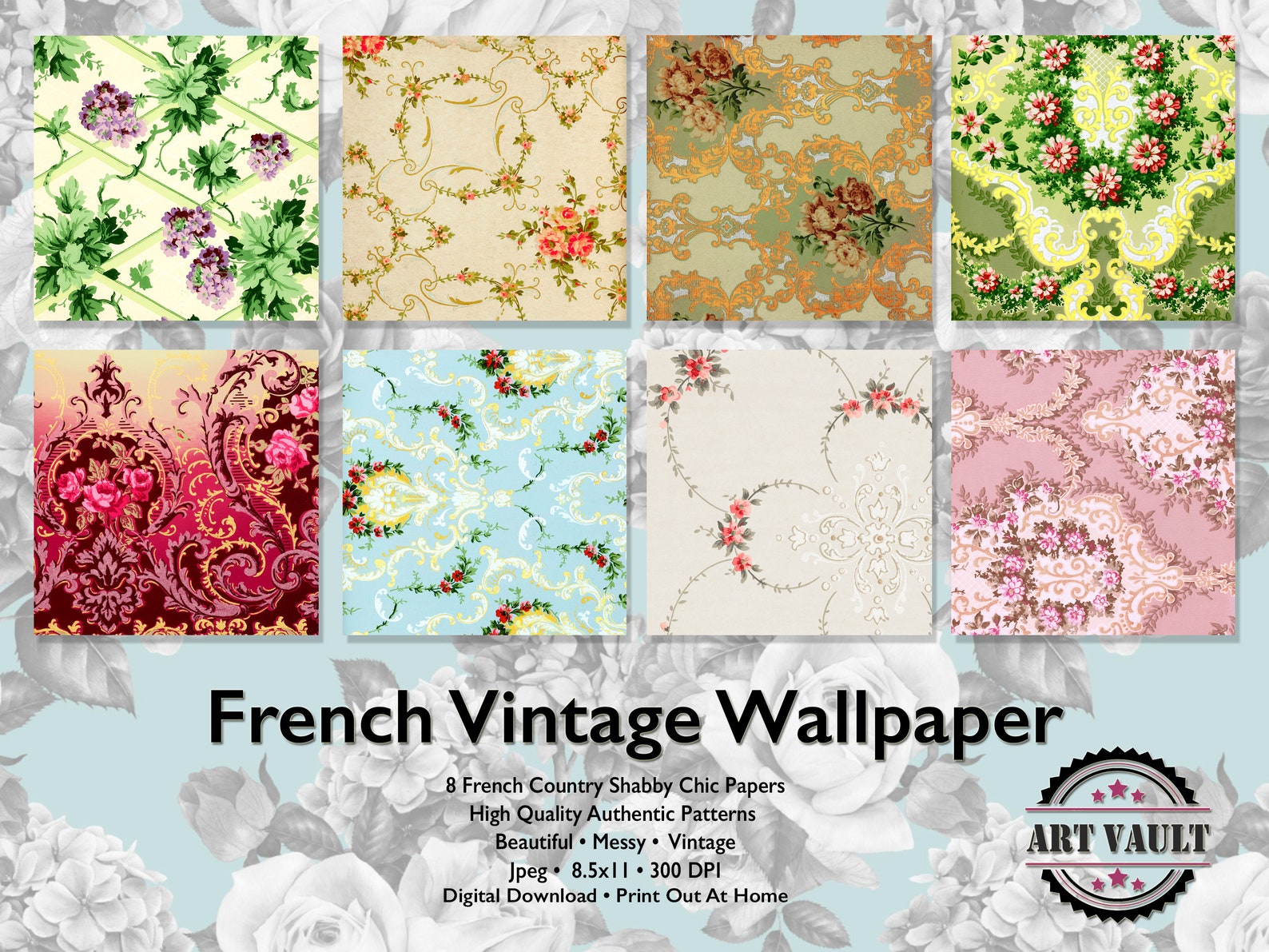 Vintage French Country Digital Wallpaper, Shabby Chic French Provencial ...