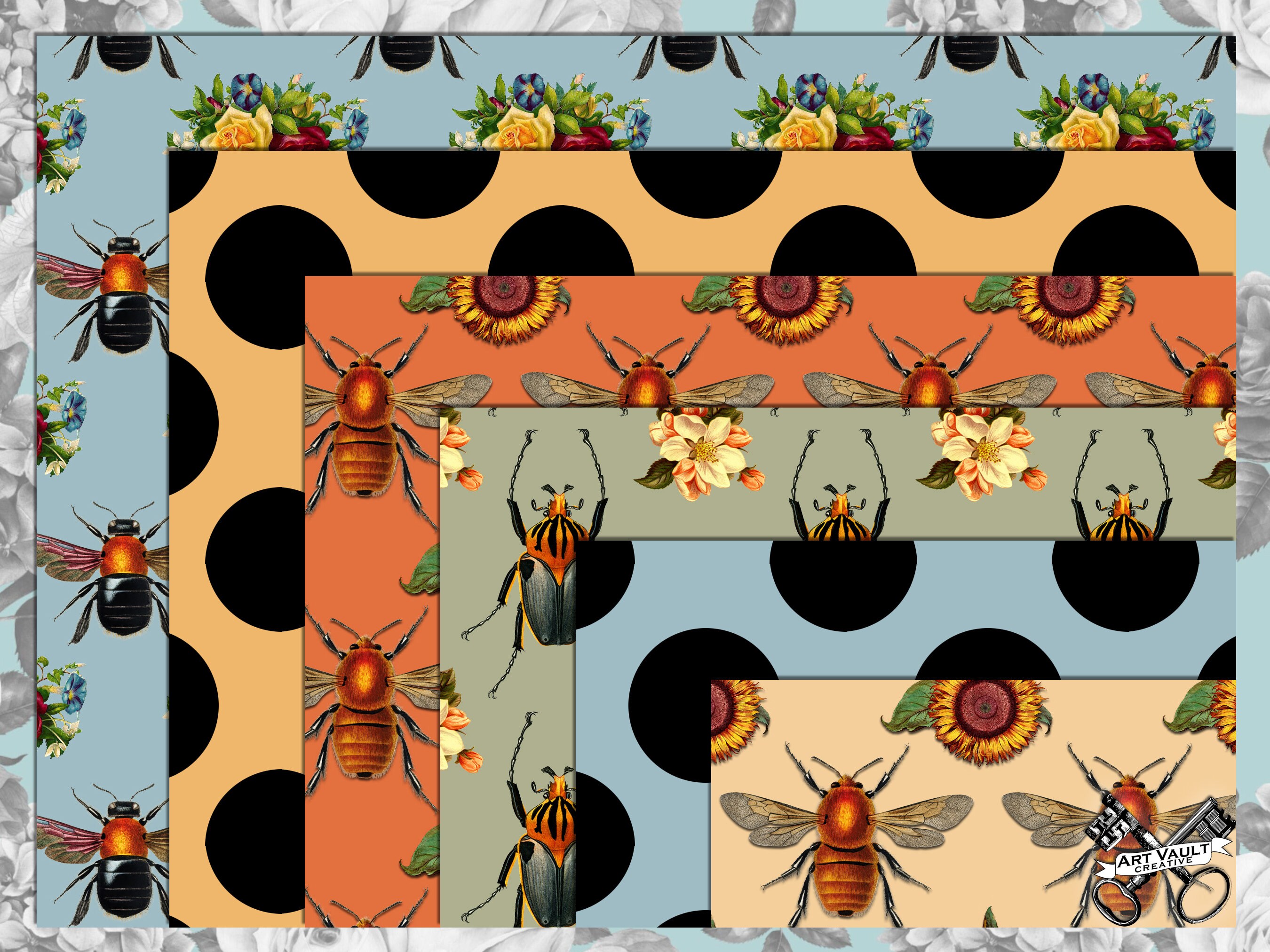 Scrapbook Paper Pack Vintage Insects, Bug Flower Stationary Digital ...