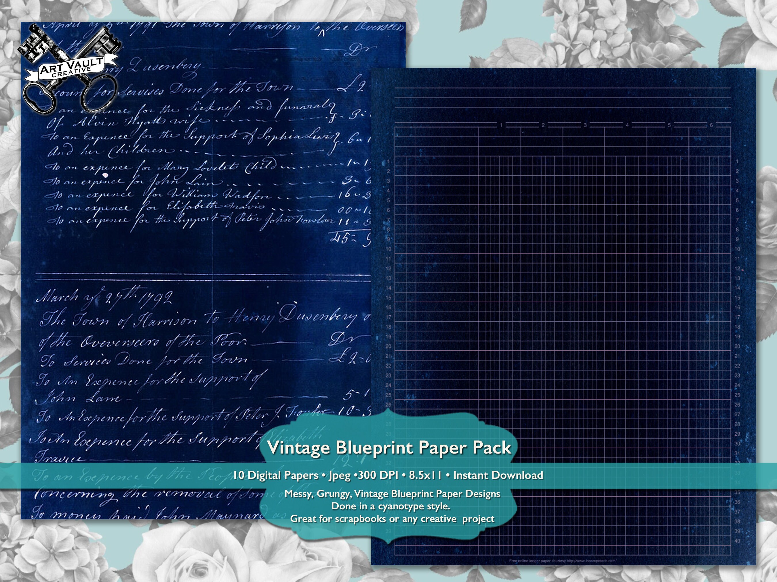 Blueprint Paper Pack, Vintage Printable Cyanotype Paper Pattern ...