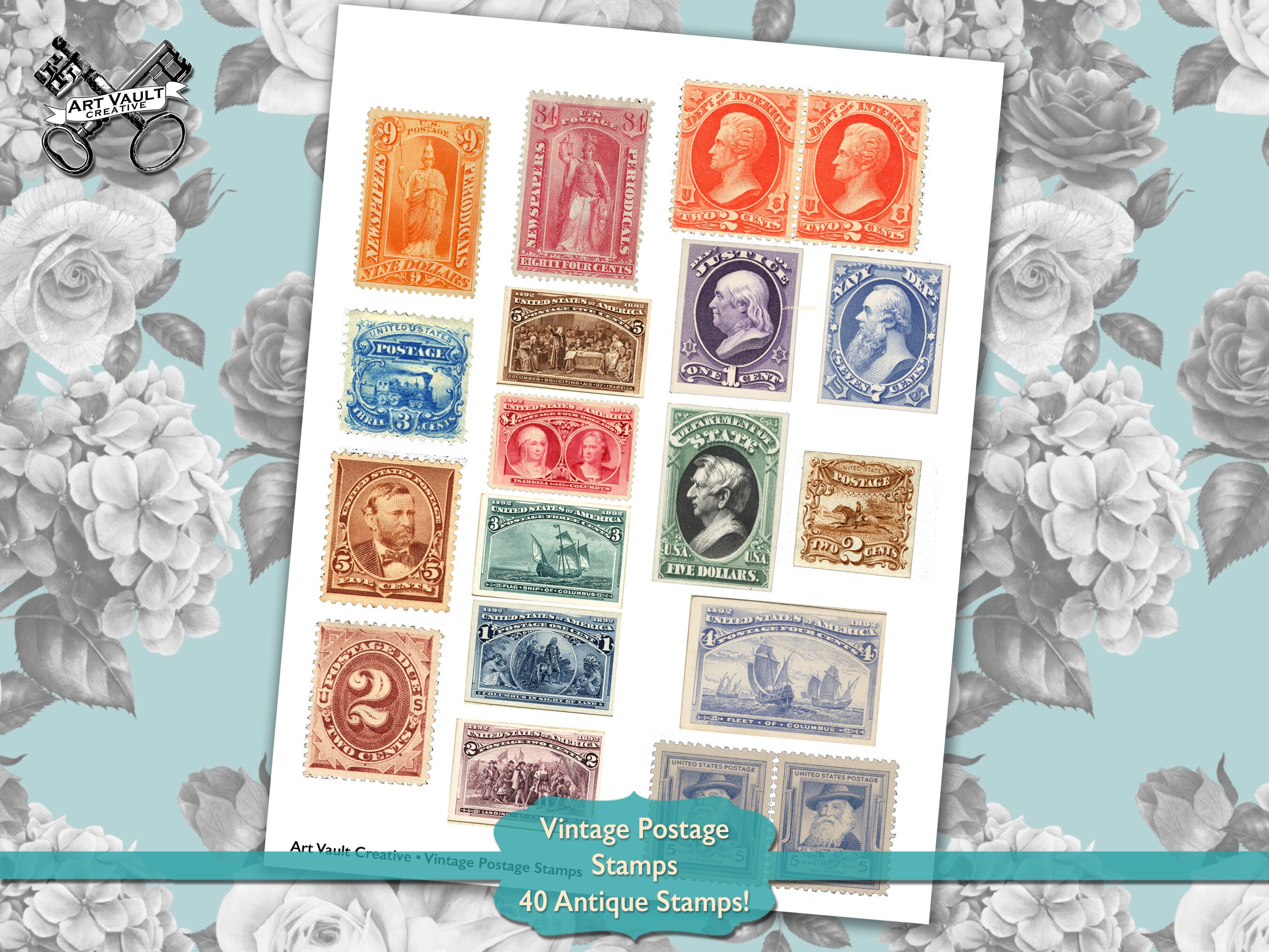 Vintage US Postage Stamps Digital Download, Printable Scrapbook ...