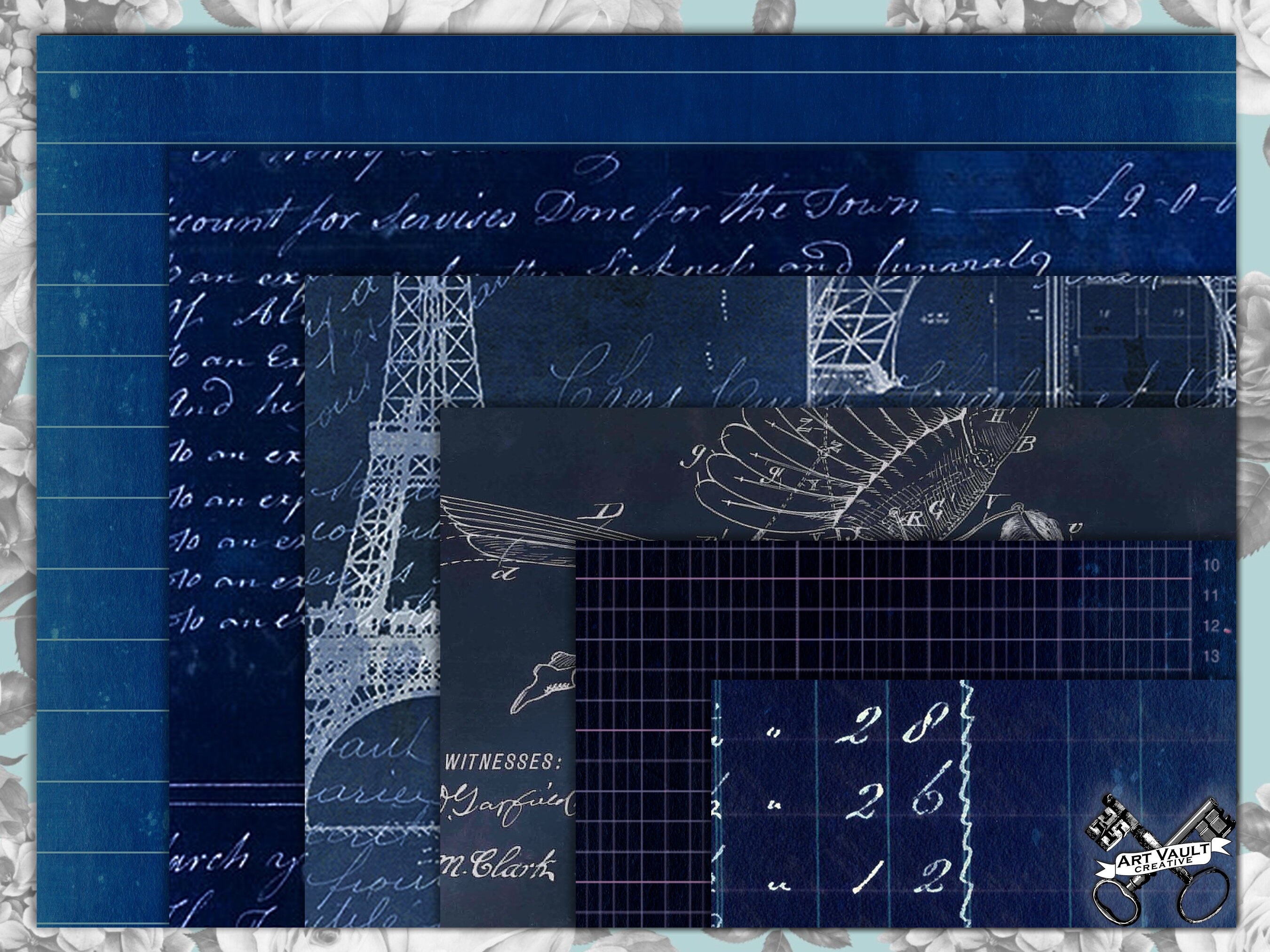 Blueprint Paper Pack, Vintage Printable Cyanotype Paper Pattern ...