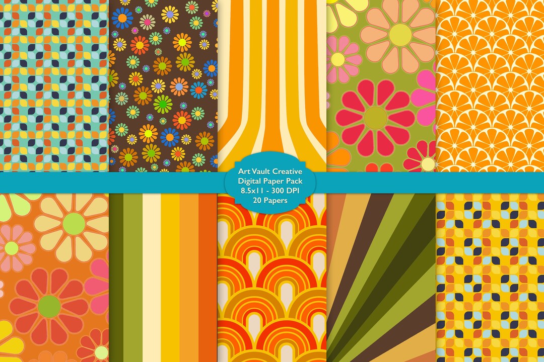1970s Retro Digital Paper Pack, Scrapbooking Wallpaper, Instant ...