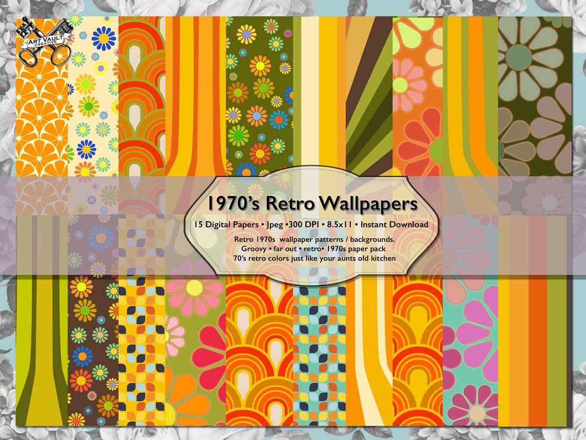 1970s Retro Digital Paper Pack, Printable Scrapbook Paper, Vintage 70s ...