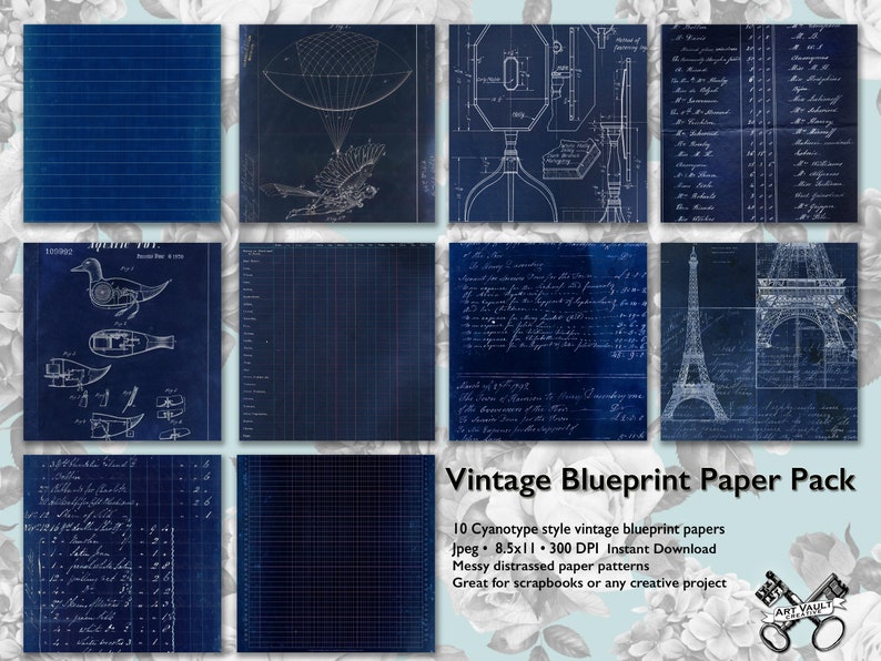 Blueprint Paper Pack, Vintage Printable Cyanotype Paper Pattern ...
