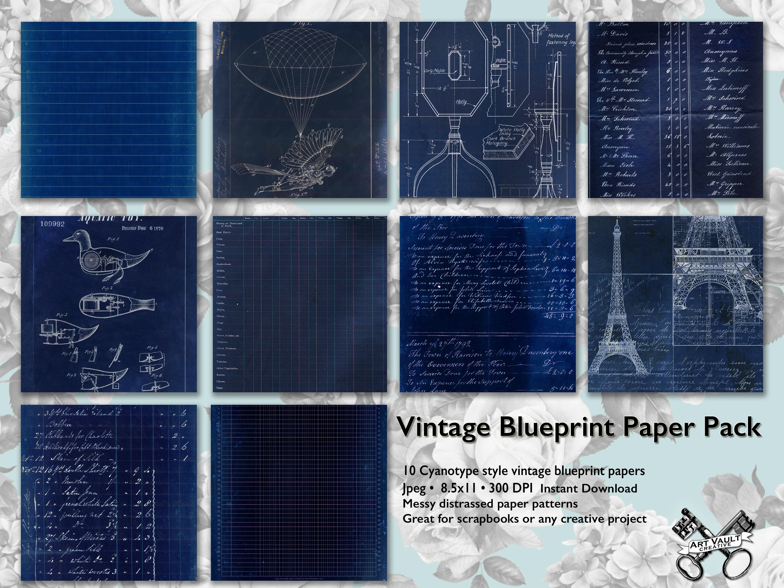 Blueprint Paper Pack, Vintage Printable Cyanotype Paper Pattern ...