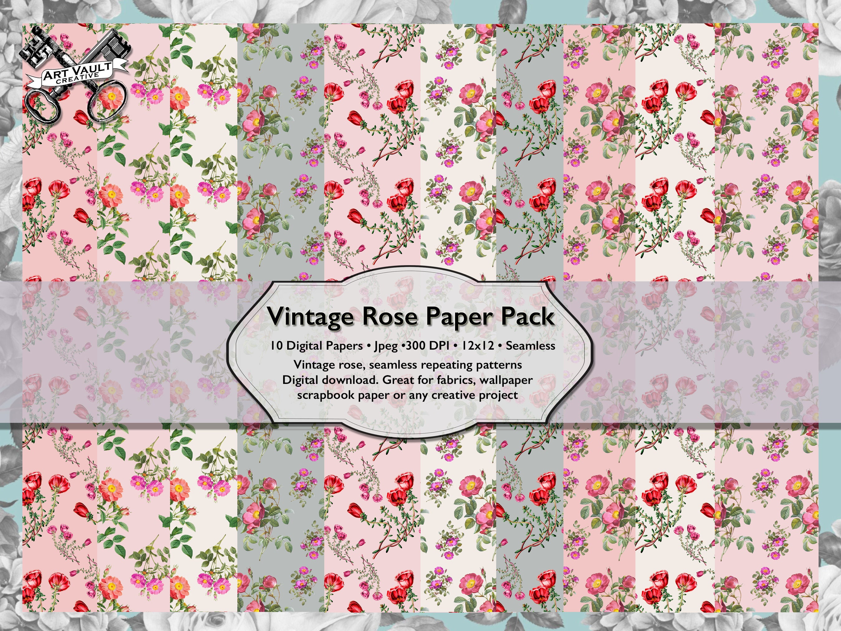 Vintage Rose Digital Paper Pack, Pink Floral Seamless Patterns, Vintage ...
