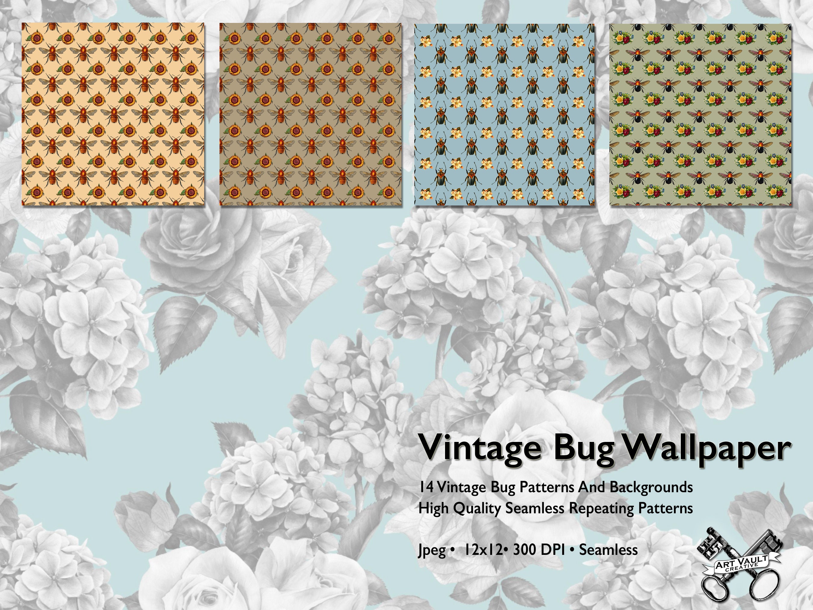 Scrapbook Paper Pack Vintage Insects, Bug Flower Stationary Digital ...