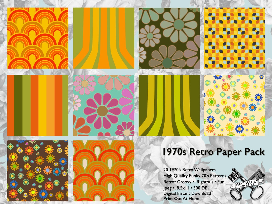 1970s Retro Digital Paper Pack, Printable Scrapbook Paper, Vintage 70s ...