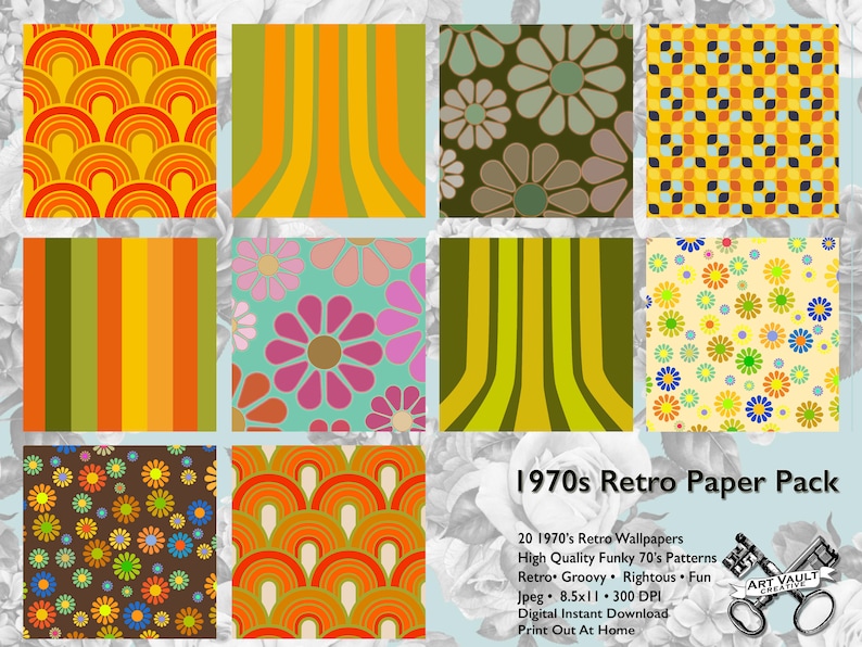 1970s Retro Digital Paper Pack, Printable Scrapbook Paper, Vintage 70s ...
