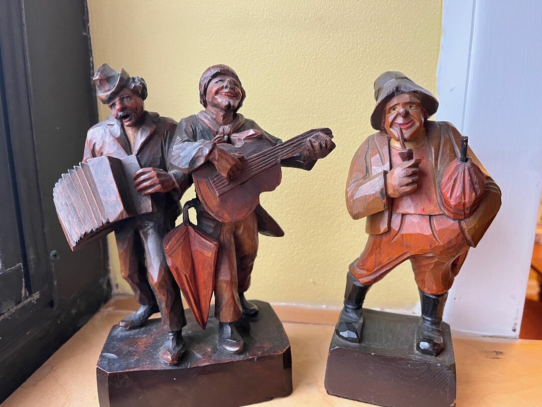 Hand Carved Wooden Figurines Folk Art Vintage Musicians and Man With ...