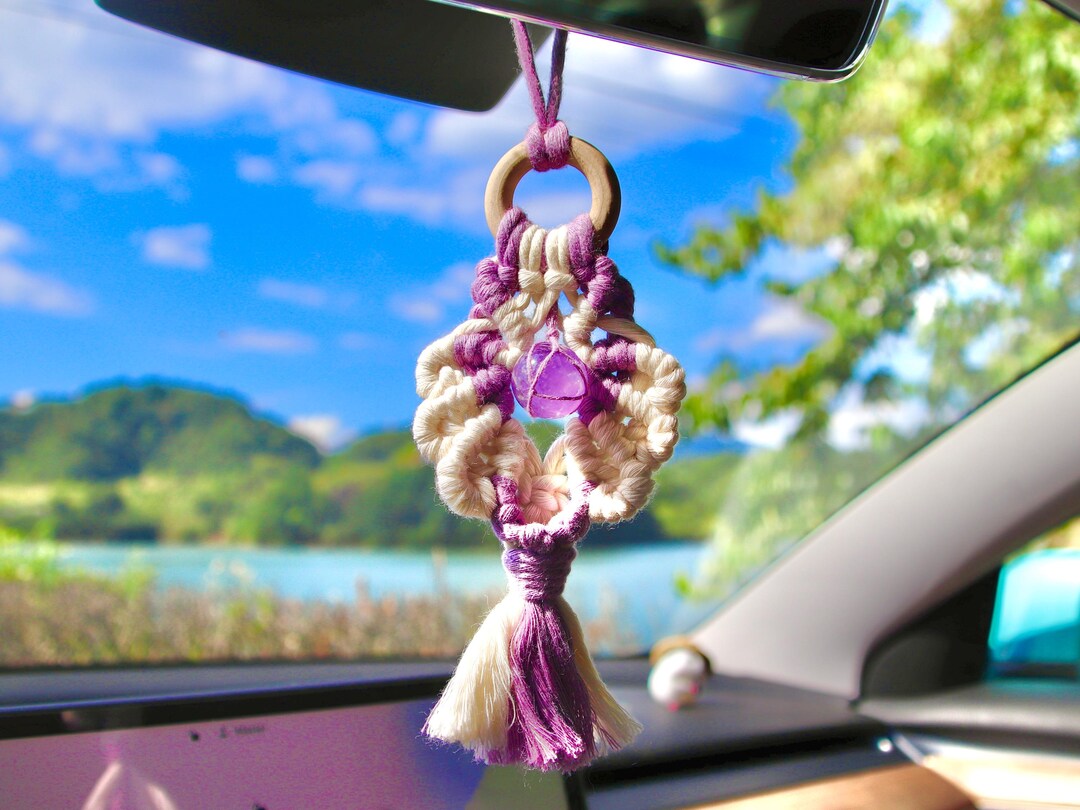 Rearview Mirror Car Charm, Shell Macrame Car Charm, Crystal Gift, Boho ...