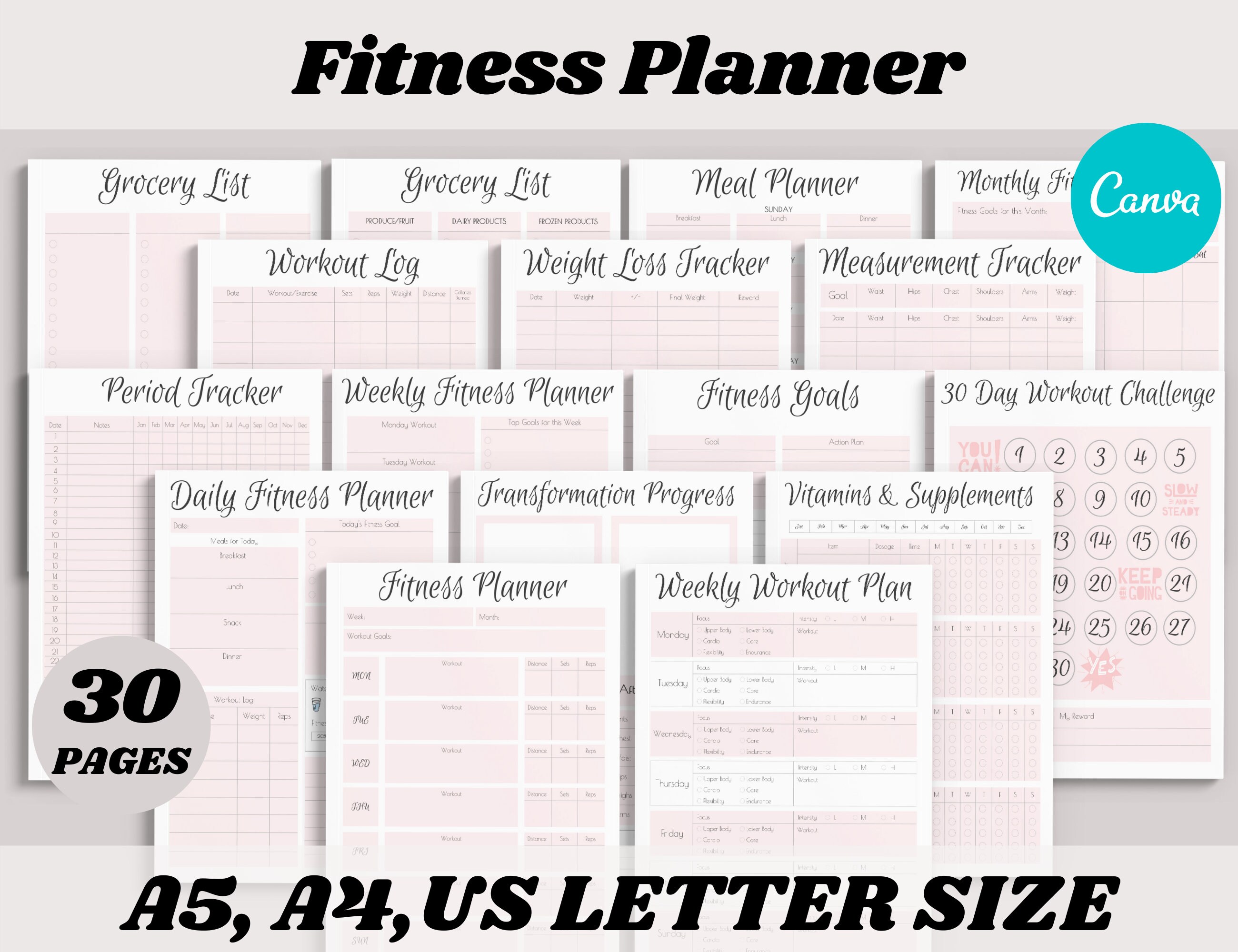 Paper & Party Supplies Fitness Planner Canva Template OK for Commercial ...