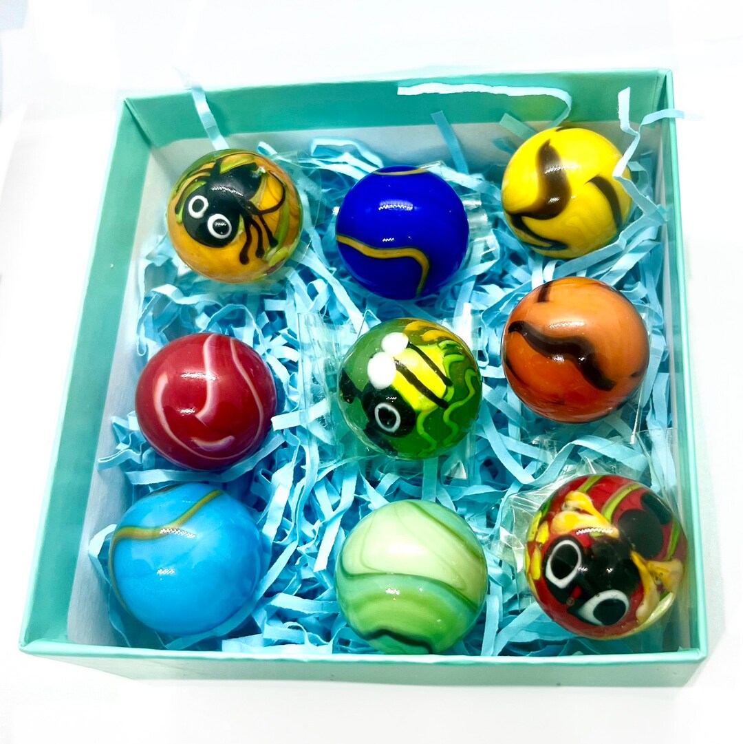 Box of 9 Large Nature Marbles Including 3 Handmade (22mm) - Glass ...