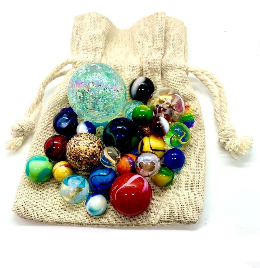25 Vibrant Marbles in a Personalised Linen Bag Including 1 Giant Marble ...