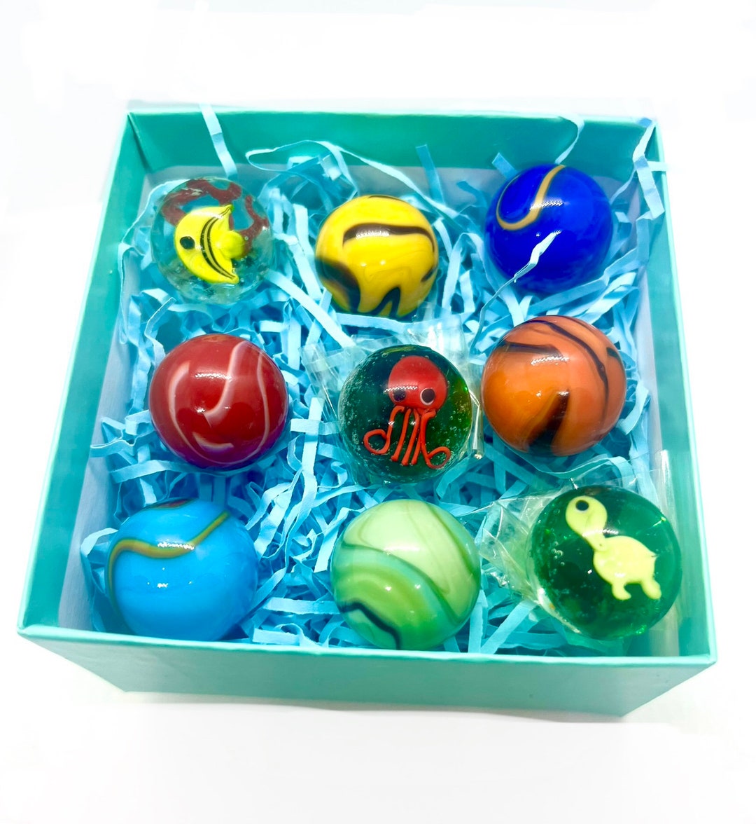 Box of 9 Large Aquarius Marbles Including 3 Handmade (22mm) - Glass ...
