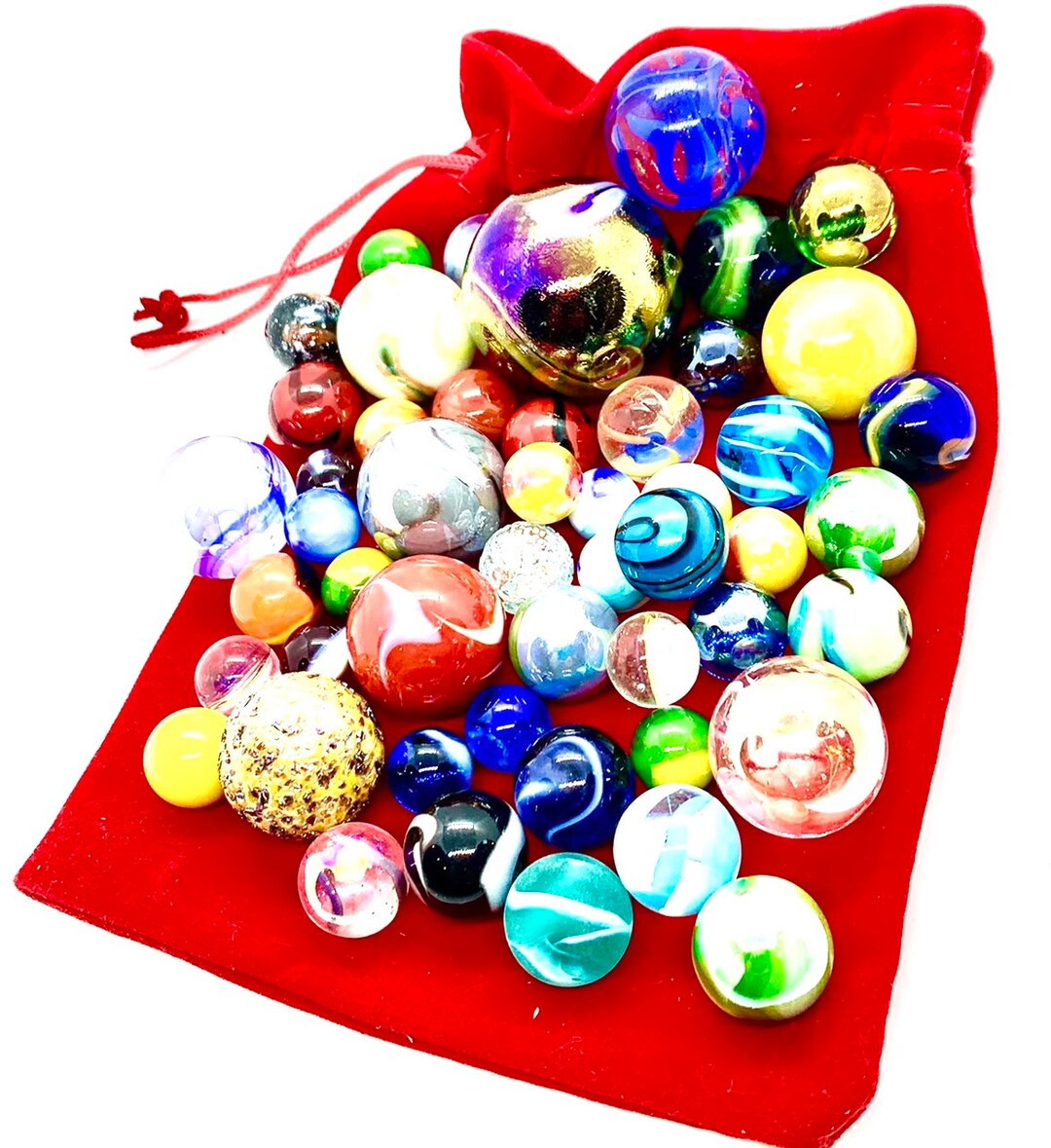 50 Vibrant Marbles in a Red Velvet Bag - Glass Handmade Colourful ...
