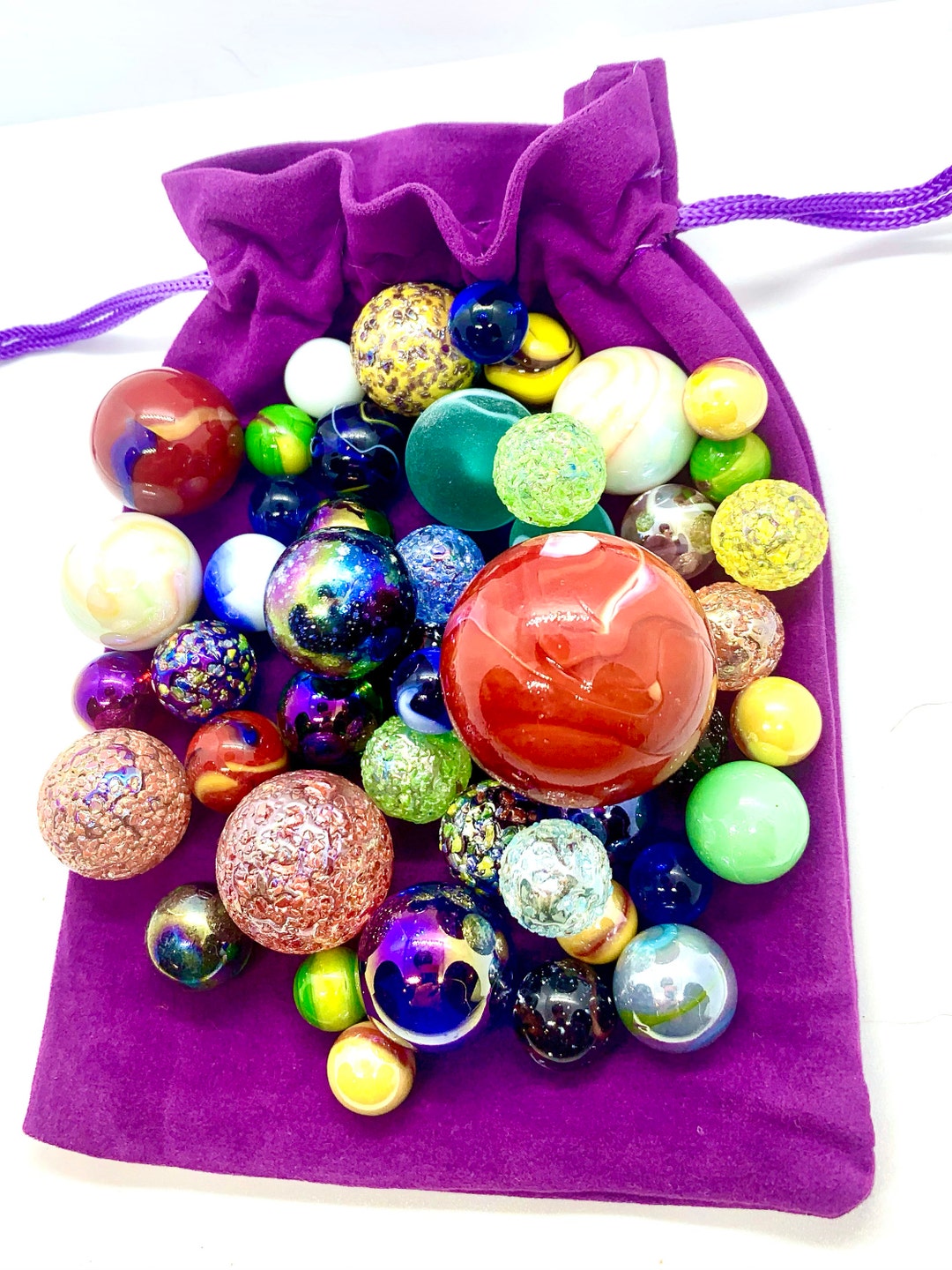 50 Marbles in a Purple Velvet Bag - Glass Handmade Colourful Marbles ...
