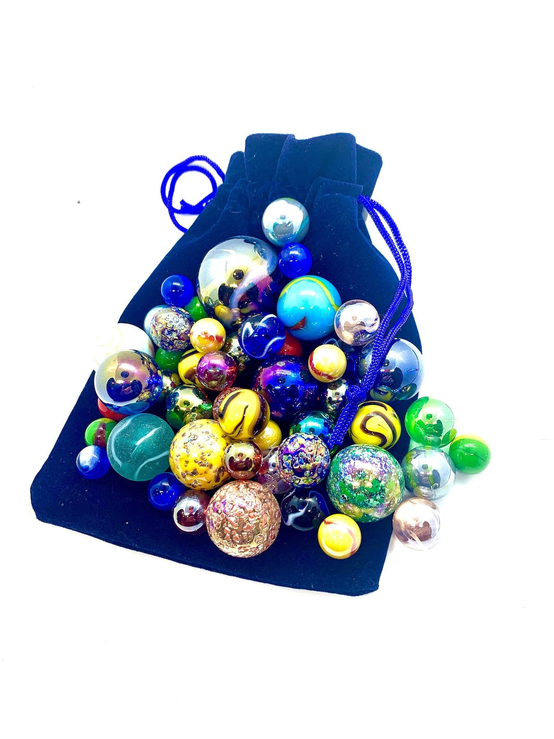 50 Vibrant Marbles in a Blue Velvet Bag - Glass Handmade Colourful ...