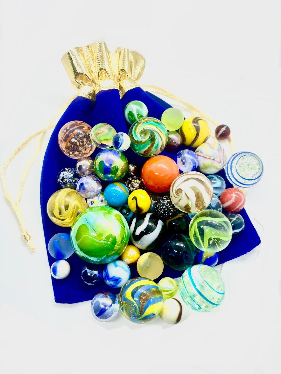 60 Vibrant Marbles in a Gold & Blue Velvet Bag - Glass Handmade ...