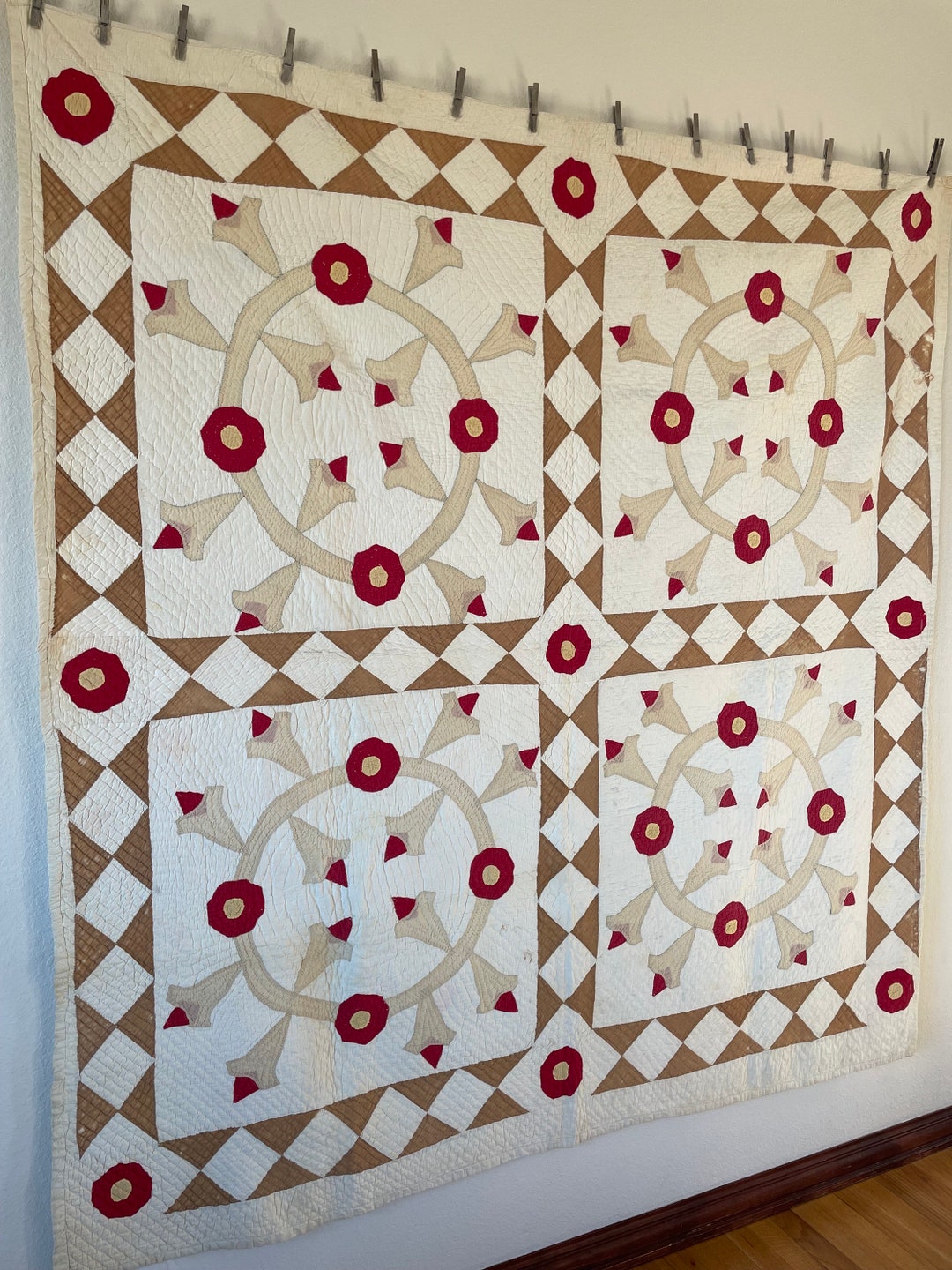Antique Applique Quilt - Turkey Red Wreath Applique - Primitive Hand ...