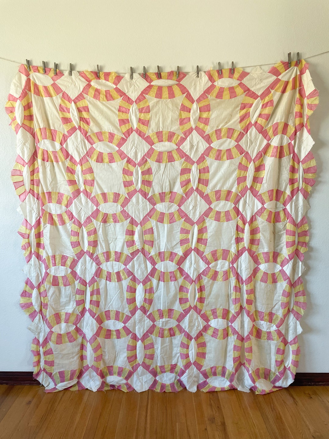 Pink and Yellow Quilt Top Double Wedding Ring Quilt Topper Unfinished ...
