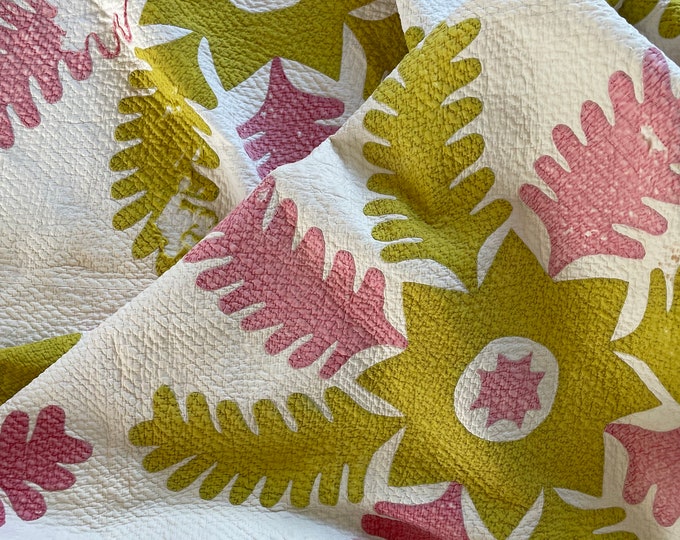 Antique Princess Feather Quilt - Hand Appliqued - Pink and Green ...