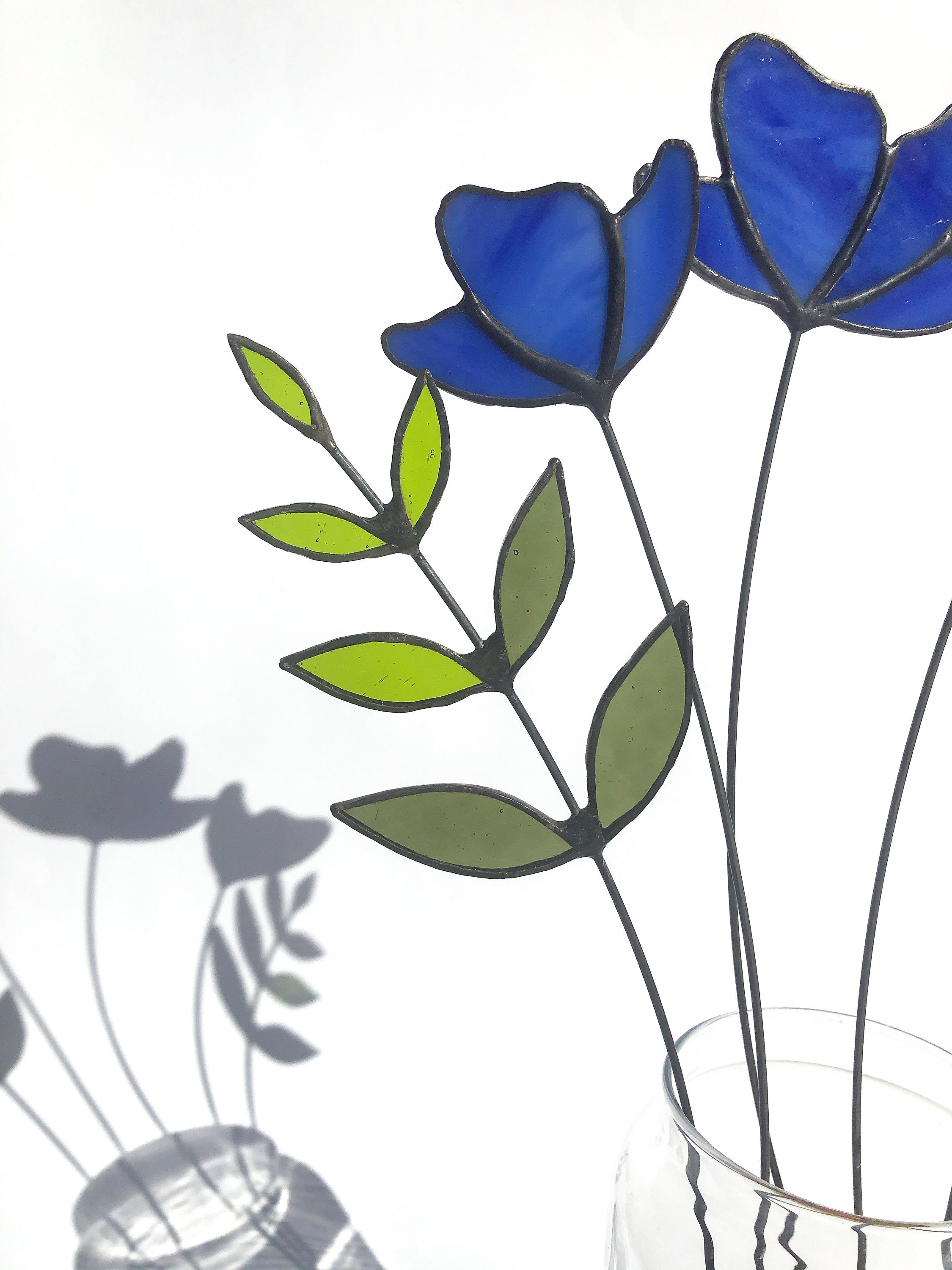 3D Stained Glass Blue Flower Bouquet Gift for Her Table Decor Glass ...