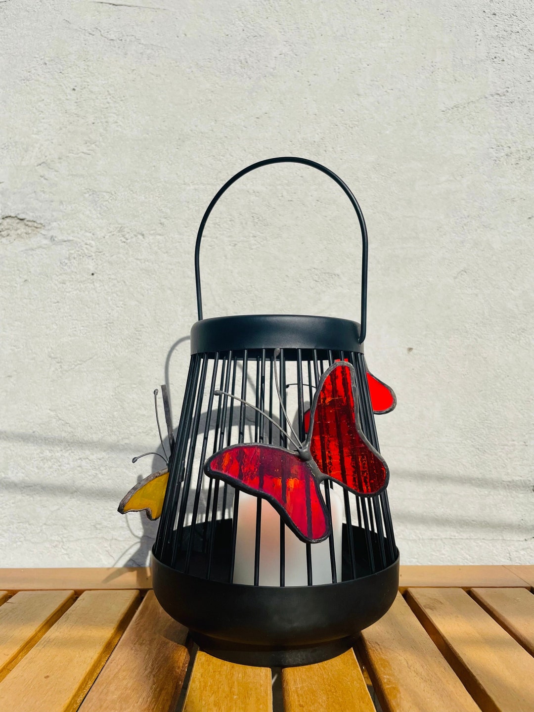 Stained Glass Lantern Red Modern Home Decor Yellow Butterfly Unique Art ...