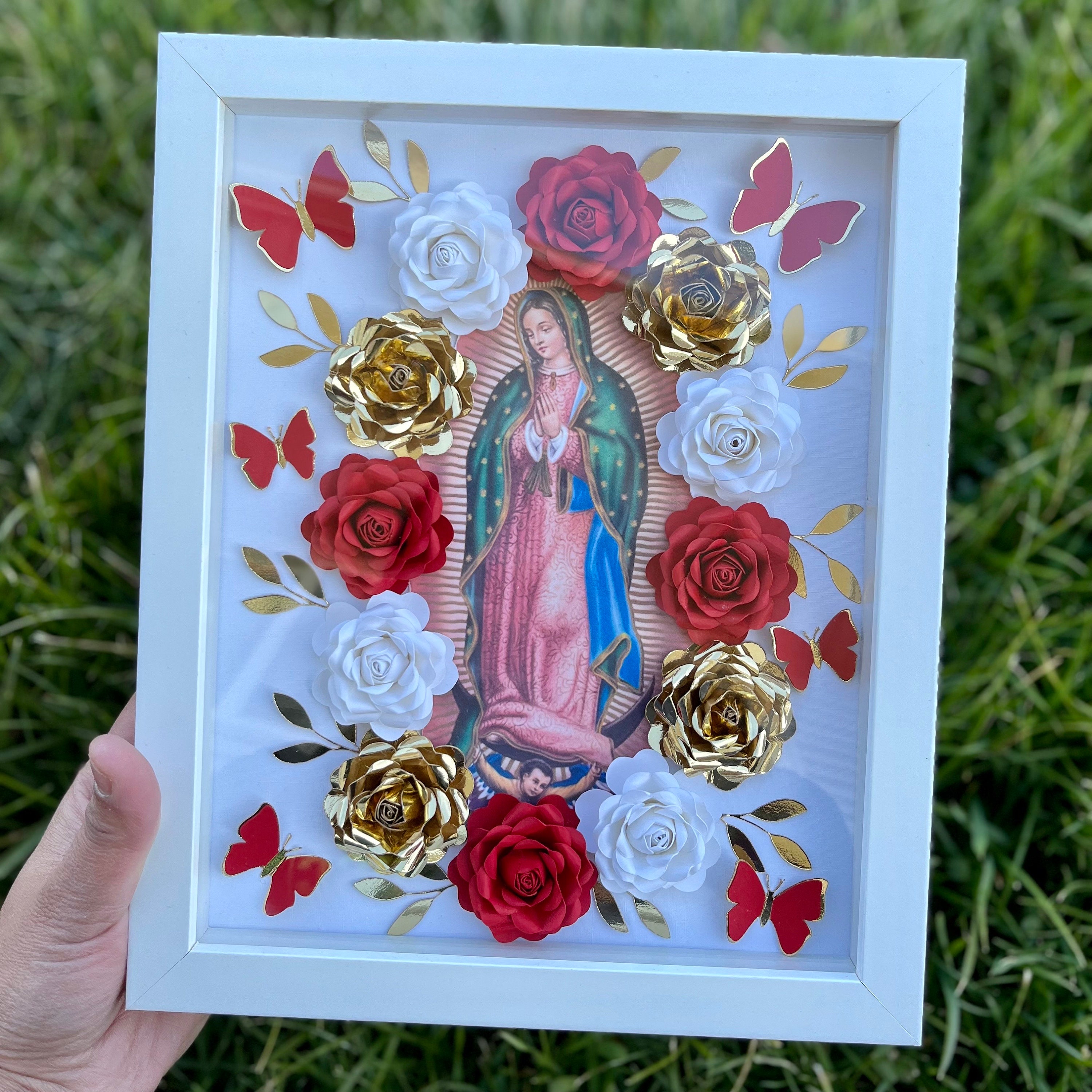 Virgen De Guadalupe Shadowbox| Large Paper Rose Shadowbox| Our Lady of Guadalupe| Paper Rose ...